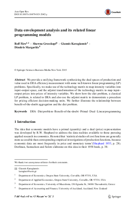 (PDF) Data envelopment analysis and its related linear programming models