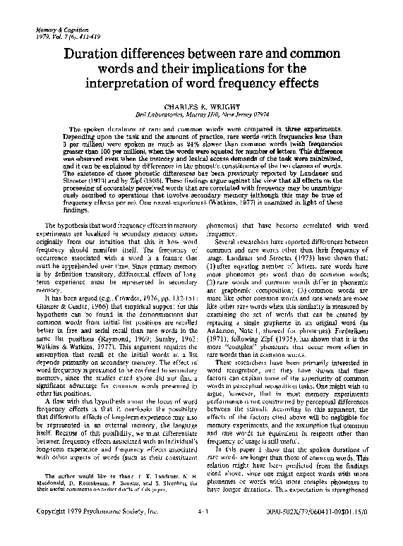(PDF) Duration differences between rare and common words and their ...