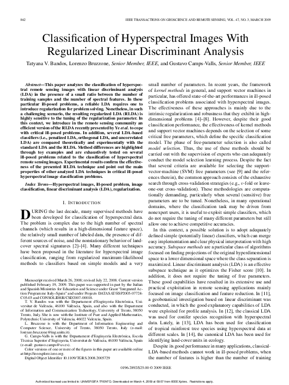 (PDF) Classification of Hyperspectral Images With Regularized Linear Discriminant Analysis