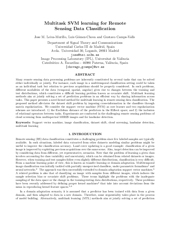 Pdf Multitask Svm Learning For Remote Sensing Data Classification