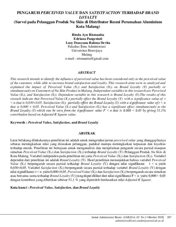 (PDF) PENGARUH PERCEIVED VALUE DAN SATISFACTION TERHADAP BRAND LOYALTY ...