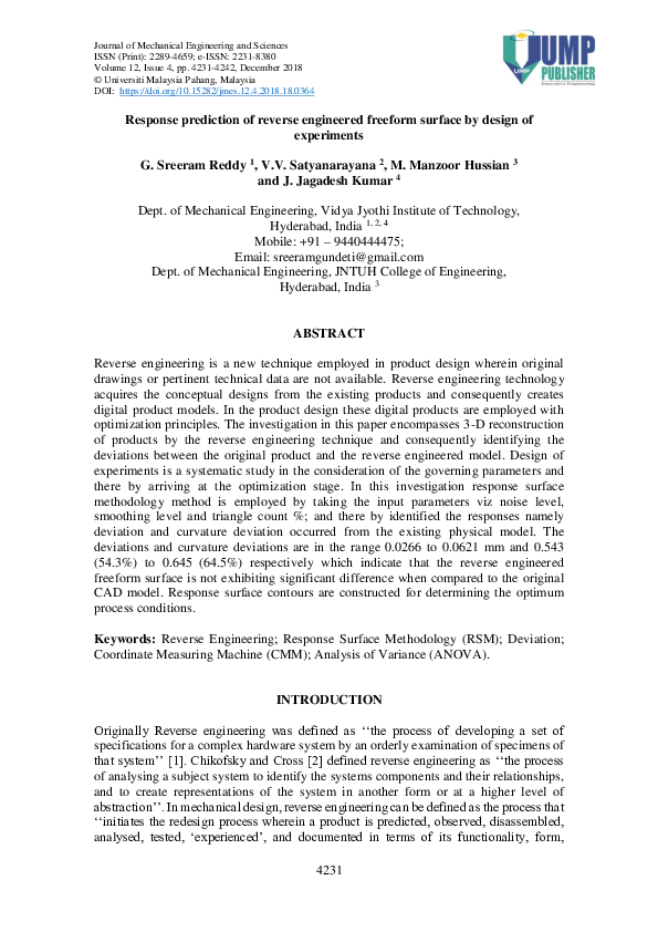 (PDF) Experimental Investigation on Reverse Engineering Techniques Employing Response Surface ...