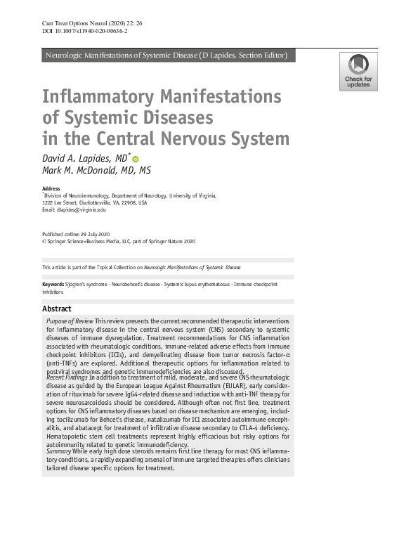 (PDF) Inflammatory Manifestations of Systemic Diseases in the Central Nervous System