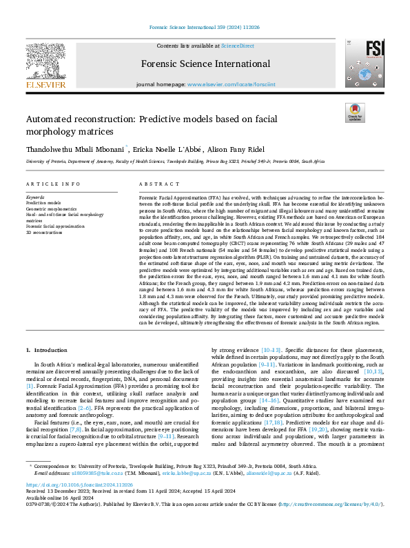 (PDF) Automated reconstruction: Predictive models based on facial morphology matrices