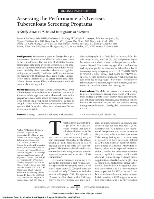 (PDF) Assessing the Performance of Overseas Tuberculosis Screening Programs