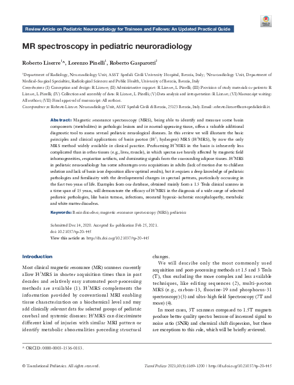 (PDF) MR spectroscopy in pediatric neuroradiology