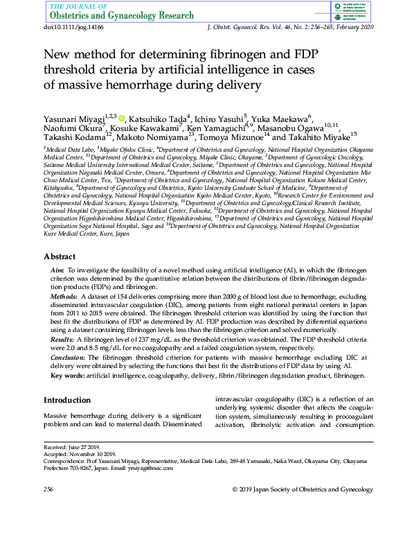 (PDF) New method for determining fibrinogen and FDP threshold criteria by artificial ...