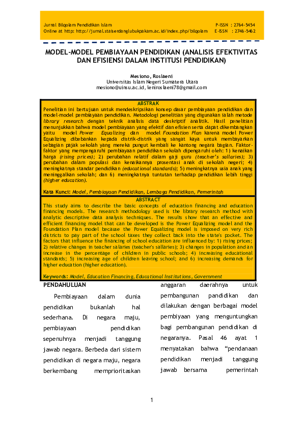 (PDF) Model-Model Pembiayaan Pendidikan (Analisis Efektivitas Dan Efisiensi Dalam Institusi ...