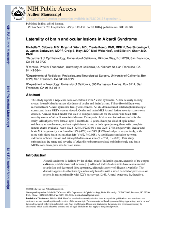 (PDF) Laterality of Brain and Ocular Lesions in Aicardi Syndrome