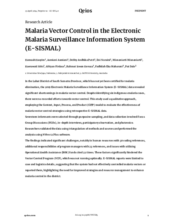 (PDF) Malaria Vector Control in the Electronic Malaria Surveillance ...