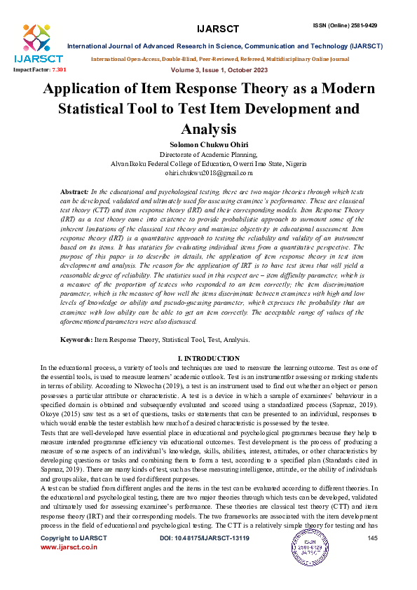 (PDF) Application of Item Response Theory as a Modern Statistical Tool ...