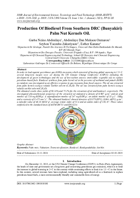(PDF) Production Of Biodiesel From Southern DRC (Bunyakiri) Palm Nut ...