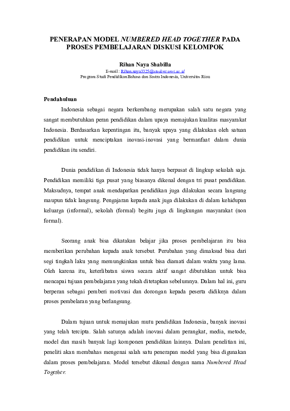 (PDF) Penerapan Model Pembelajaran Numbered Head Together Pada Pembelajaran