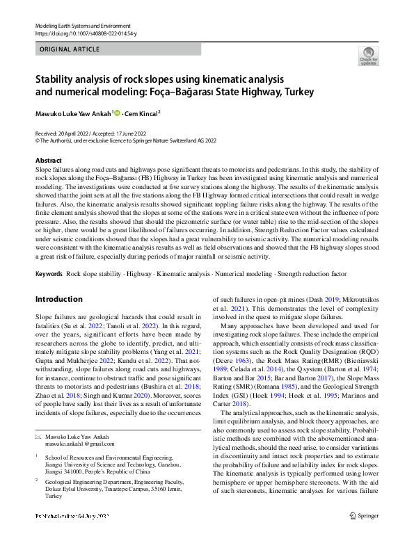 (PDF) Stability analysis of rock slopes using kinematic analysis and ...