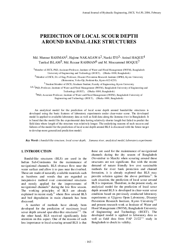 (PDF) Prediction of Local Scour Depth Around Bandal-Like Structures