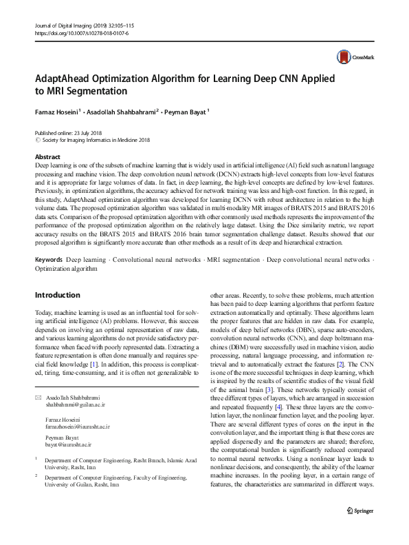 (PDF) AdaptAhead Optimization Algorithm for Learning Deep CNN Applied to MRI Segmentation