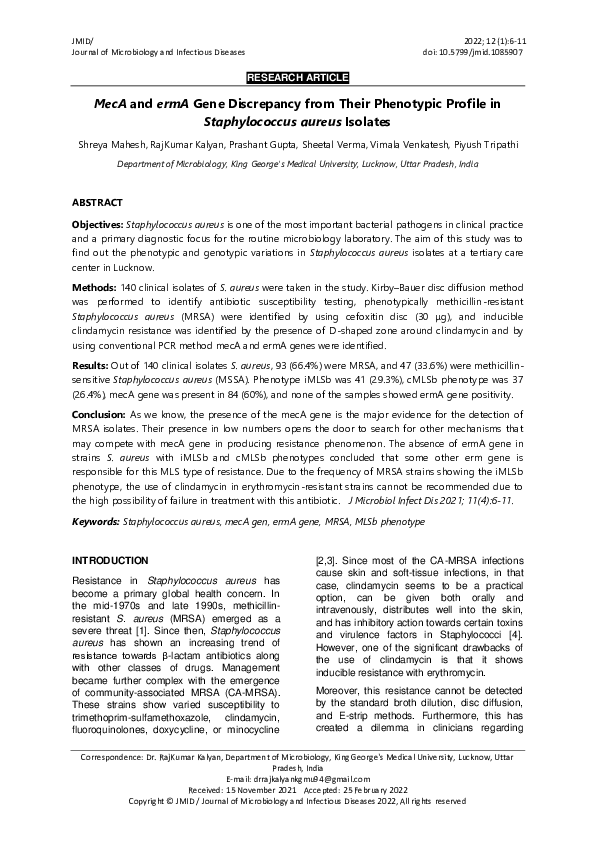 (PDF) MecA and ermA Gene Discrepancy from Their Phenotypic Profile in ...