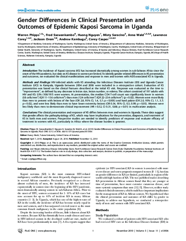 (PDF) Gender Differences in Clinical Presentation and Outcomes of Epidemic Kaposi Sarcoma in Uganda