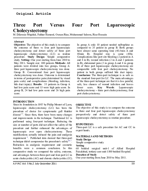 (PDF) Three Port Versus Four Port Laparoscopic Cholecystectomy