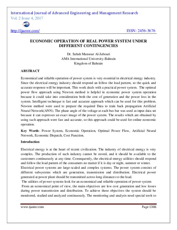 (PDF) Economic Operation of Real Power System Under Different Contingencies