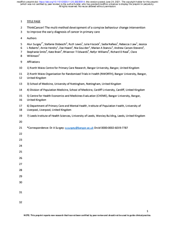 (PDF) ThinkCancer! The multi-method development of a complex behaviour ...