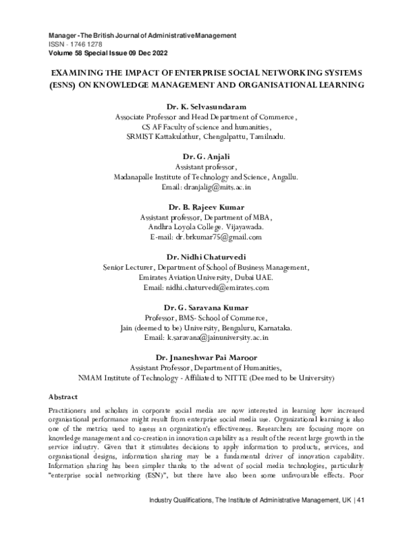 (PDF) EXAMINING THE IMPACT OF ENTERPRISE SOCIAL NETWORKING SYSTEMS (ESNS) ON KNOWLEDGE ...