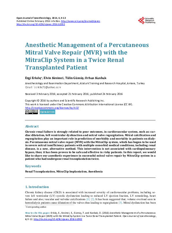 (PDF) Anesthetic Management of a Percutaneous Mitral Valve Repair (MVR ...