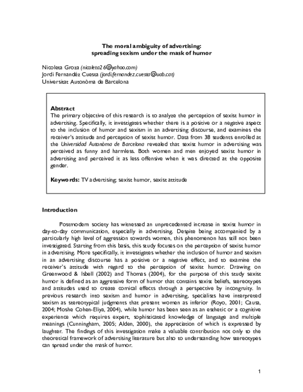 (PDF) The moral ambiguity of advertising: spreading sexism under the ...
