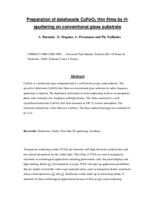 (PDF) Preparation of delafossite CuFeO2 thin films by rf-sputtering on ...