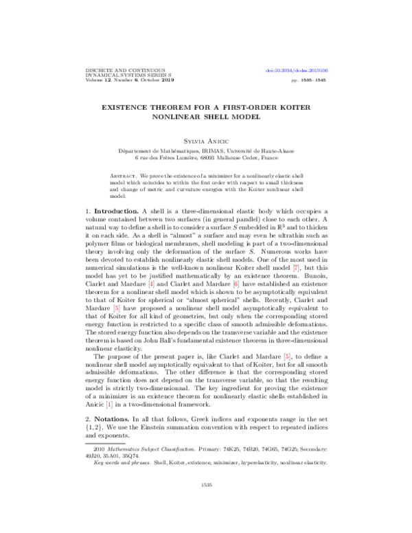 (PDF) Existence theorem for a first-order Koiter nonlinear shell model