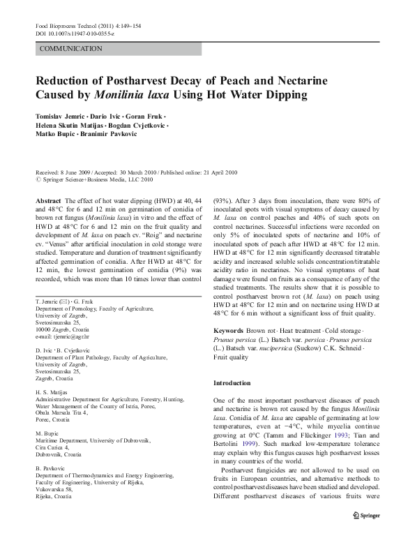 (PDF) Reduction of Postharvest Decay of Peach and Nectarine Caused by Monilinia laxa Using Hot ...