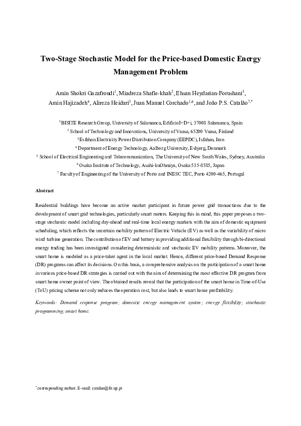Pdf Two Stage Stochastic Model For The Price Based Domestic Energy Management Problem