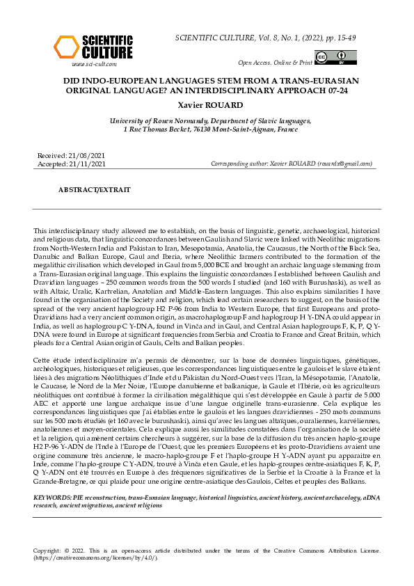 (PDF) DID INDO-EUROPEAN LANGUAGES STEM FROM A TRANS-EURASIAN ORIGINAL ...