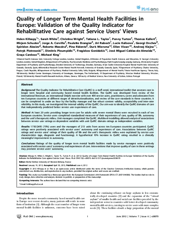 (PDF) Quality of Longer Term Mental Health Facilities in Europe ...