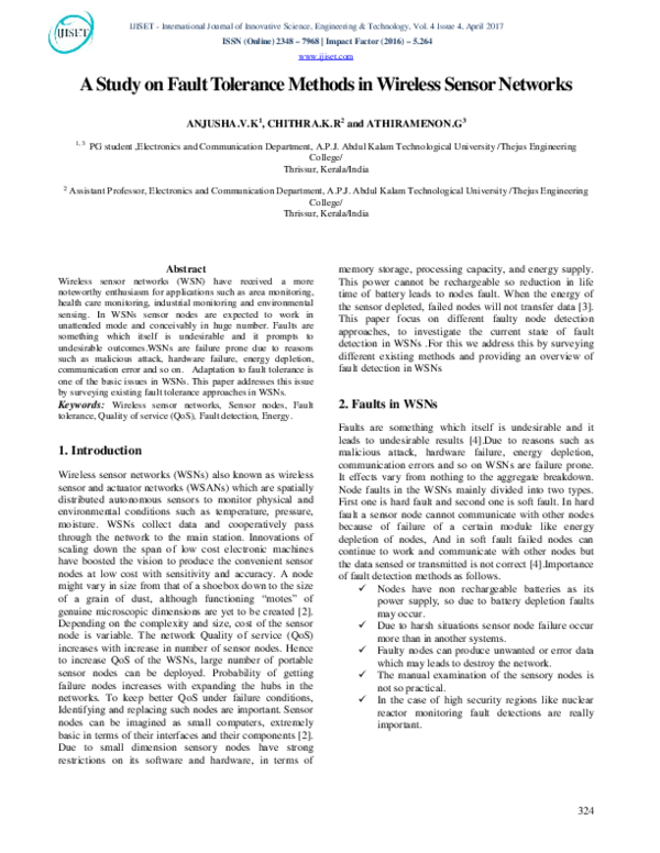 (PDF) A Study on Fault Tolerance Methods in Wireless Sensor Networks