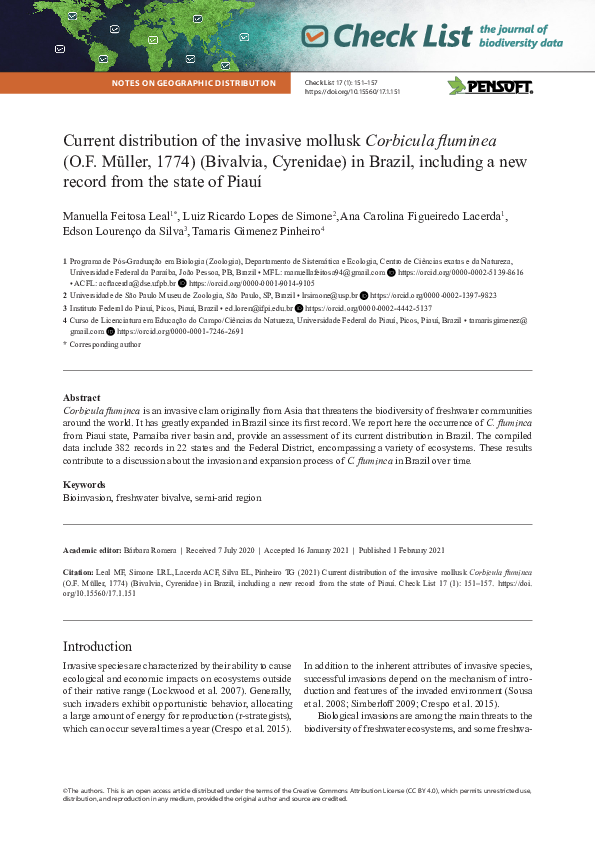 (PDF) Current distribution of the invasive mollusk Corbicula fluminea ...