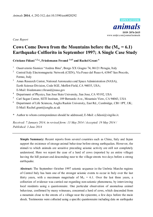 (PDF) Cows Come Down from the Mountains before the (Mw = 6.1) Earthquake Colfiorito in September ...
