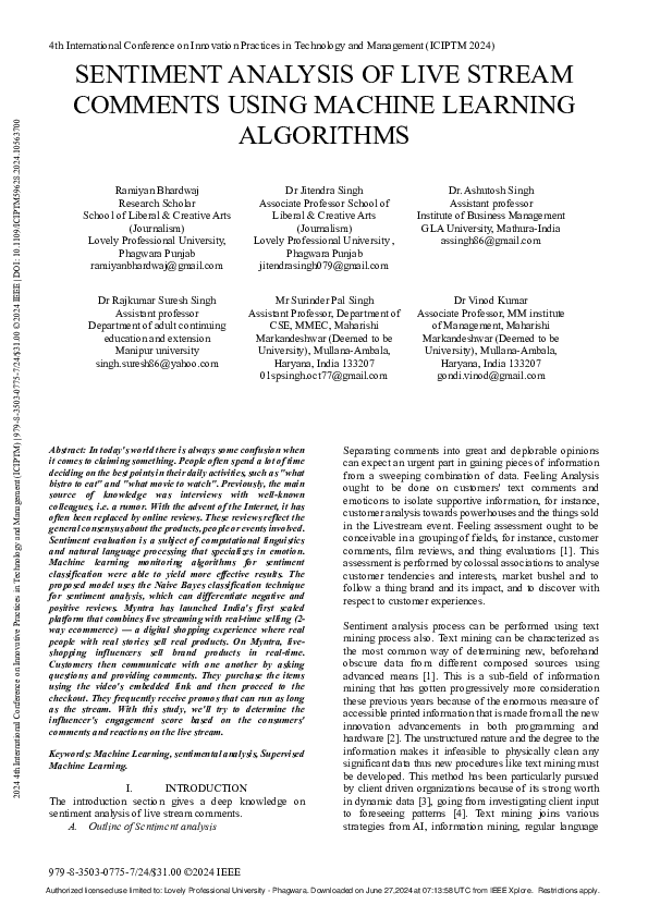 (PDF) SENTIMENT ANALYSIS OF LIVE STREAM COMMENTS USING MACHINE LEARNING ALGORITHMS