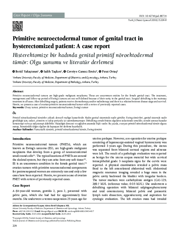 Pdf Primitive Neuroectodermal Tumor Of Genital Tract In Hysterectomized Patient A Case Report
