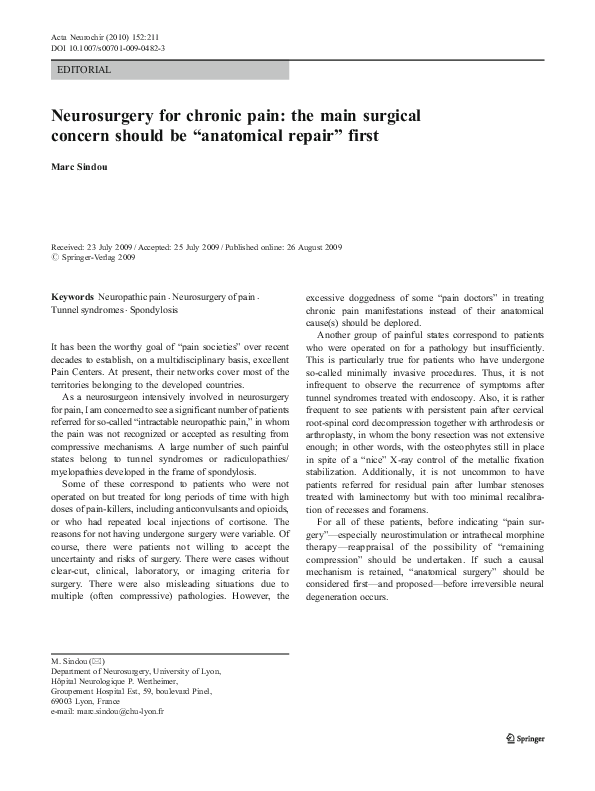 (PDF) Neurosurgery for chronic pain: the main surgical concern should ...