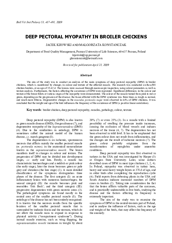 (PDF) Paradigm of deep pectoral myopathy in broiler chickens