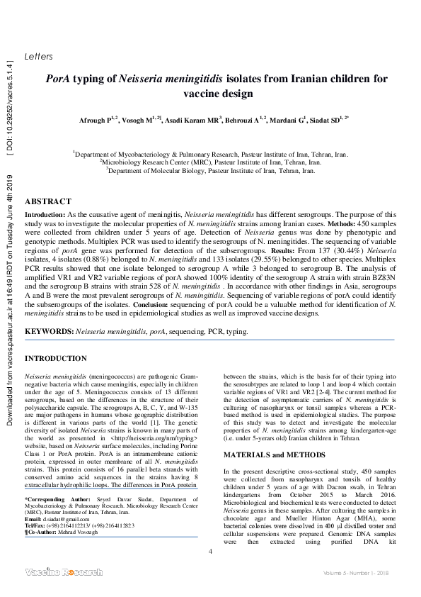 (PDF) PorA typing of Neisseria meningitidis isolates from Iranian ...