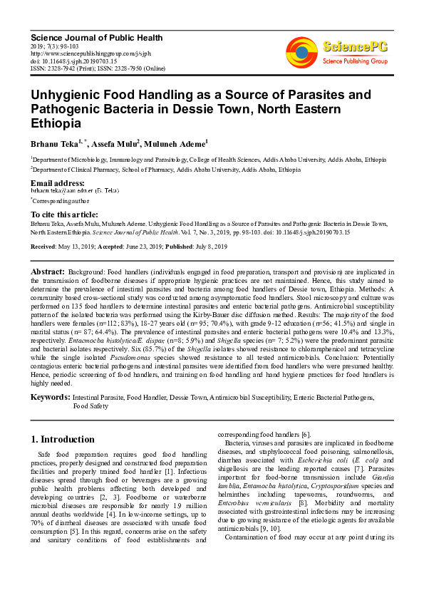 (PDF) Unhygienic Food Handling as a Source of Parasites and Pathogenic ...
