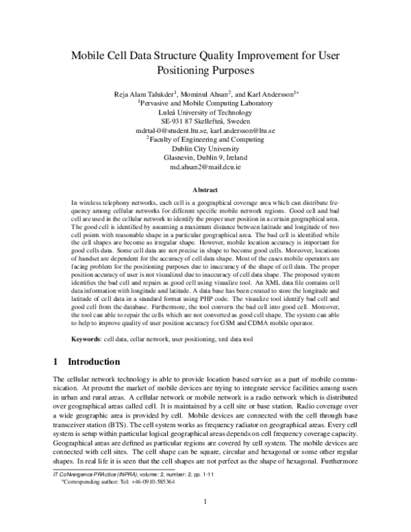 (PDF) Mobile Cell Data Structure Quality Improvement for User Positioning Purposes