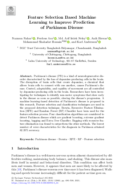 (PDF) Feature Selection Based Machine Learning to Improve Prediction of Parkinson Disease