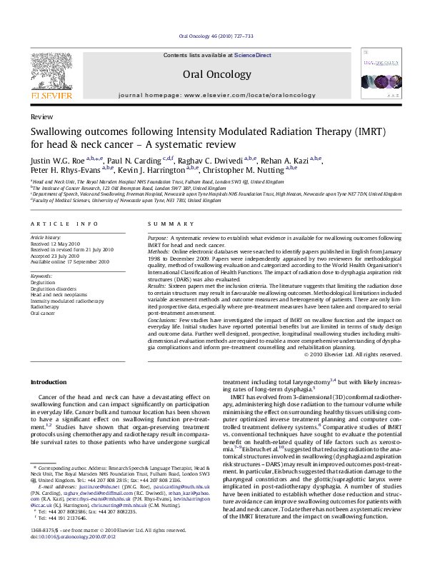 (PDF) Swallowing outcomes following Intensity Modulated Radiation Therapy (IMRT) for head & neck ...