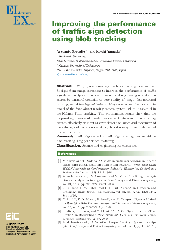 (PDF) Improving the performance of traffic sign detection using blob tracking