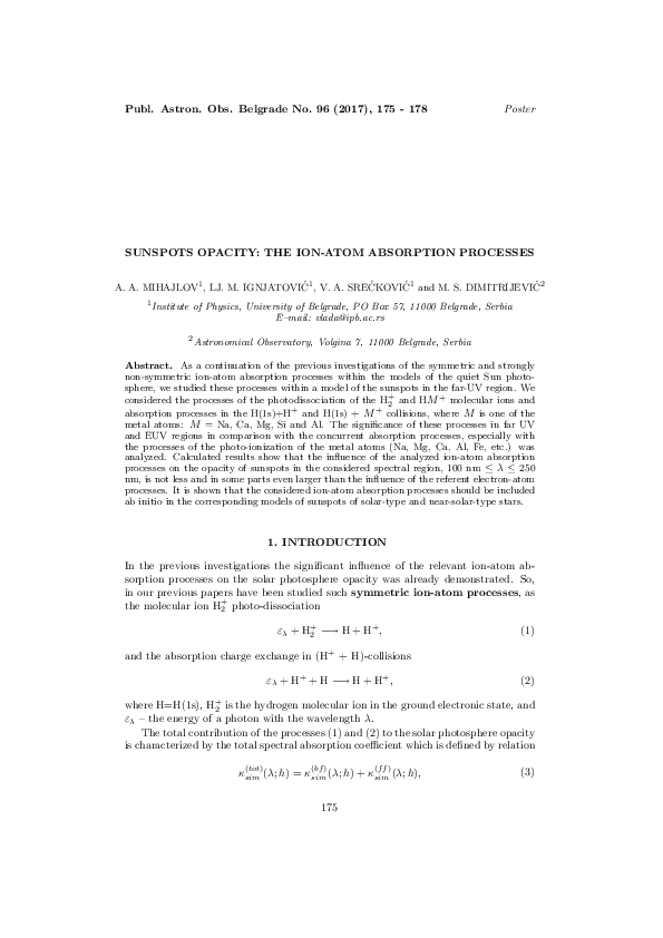 (PDF) Sunspots opacity: the ion-atom absorption processes