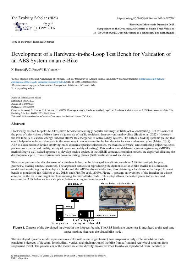 Pdf Development Of A Hardware In The Loop Test Bench For Validation Of An Abs System On An E Bike