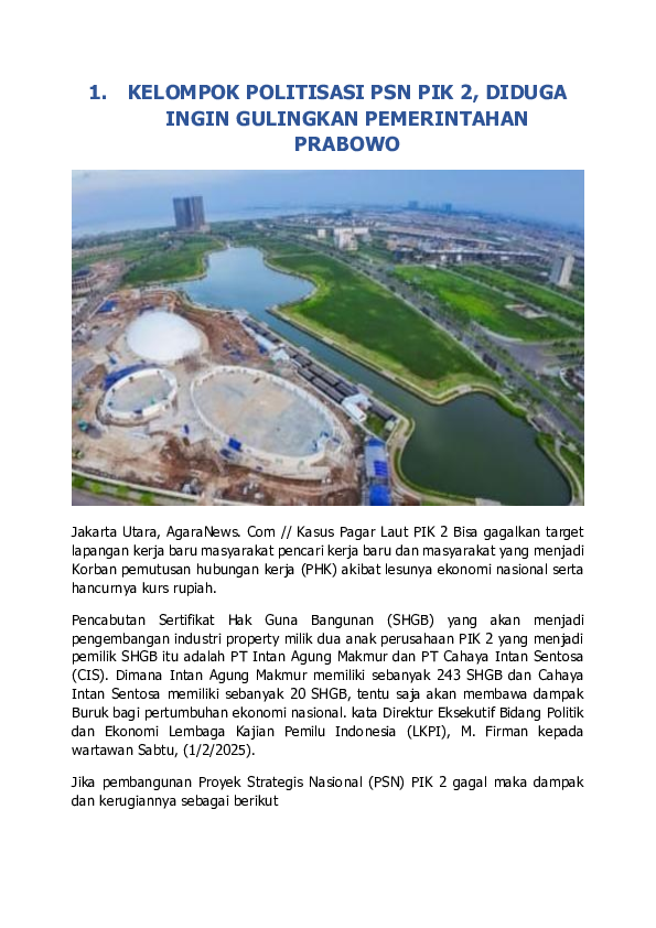(PDF) KELOMPOK POLITISASI PSN PIK 2, DIDUGA INGIN GULINGKAN PEMERINTAHAN PRABOWO